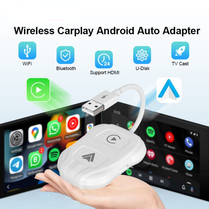 Wireless Apple CarPlay Android Auto Wireless Adapter 2-in-1 Converts Wired to Wireless Plug and ...