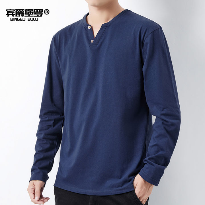 Bin Geo Bolo | V Neck Button Trendy Men's Long Sleeve T-Shirts Cotton ...