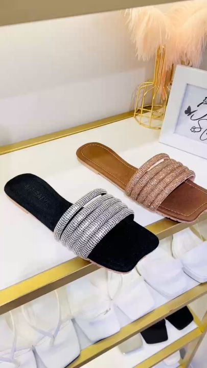 Dép táo ngang HALEY STORE đế bệt mũi táo đính đá xoàn quai ngang tiểu ...