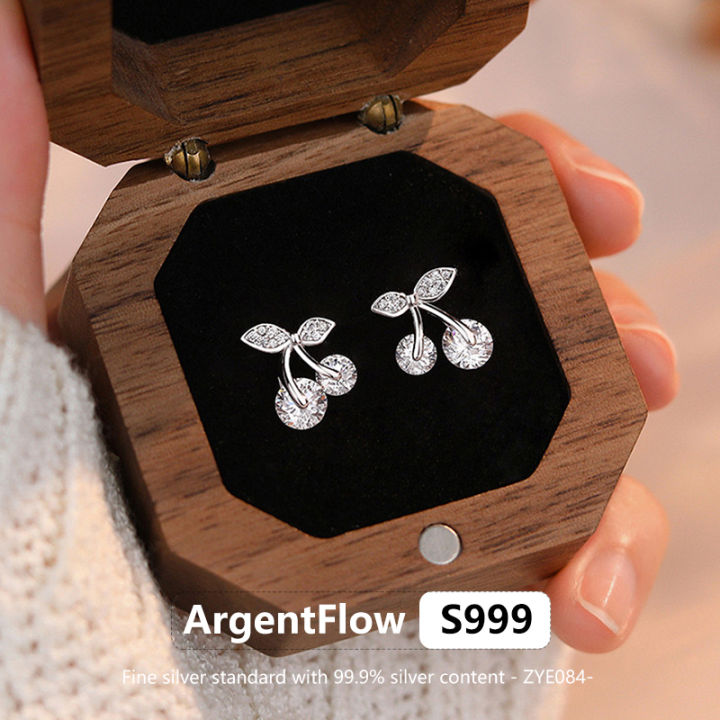 ArgentFlow ตุ้มหูแป้นเชอร์รี่ S999เงินแท้เงินแท้การออกแบบที่ทันสมัยสำหรับการตกแต่งประจำวัน ...