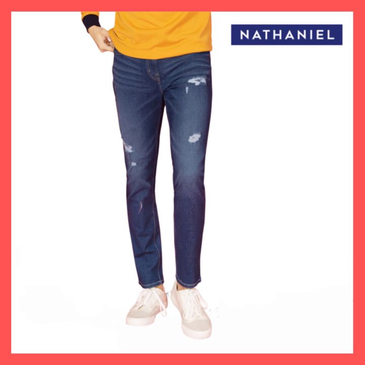 NATHANIEL Blue Slim Straight Jeans Dark Washed Denim Pants : Archery ...