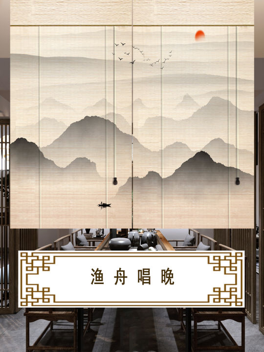 Light Blocking Bamboo Curtain Roller Shade Printed Chinese Style Tea ...
