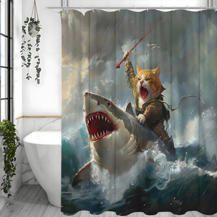 Funny Cat Shower Curtain Kids Ride Shark Ocean Theme Funny Cool Fun ...