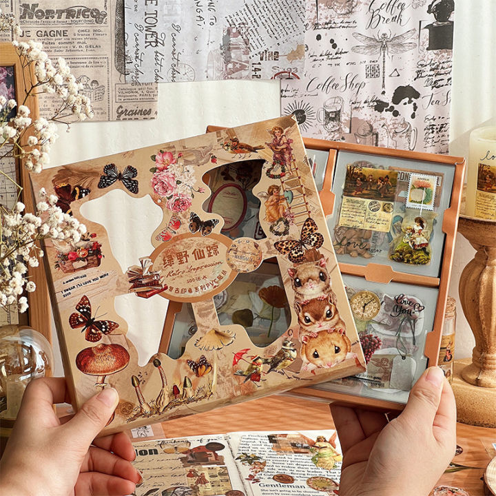 100pcs Cute Retro Sticker Gift Set PET/Washi Sticker No Repeating ...