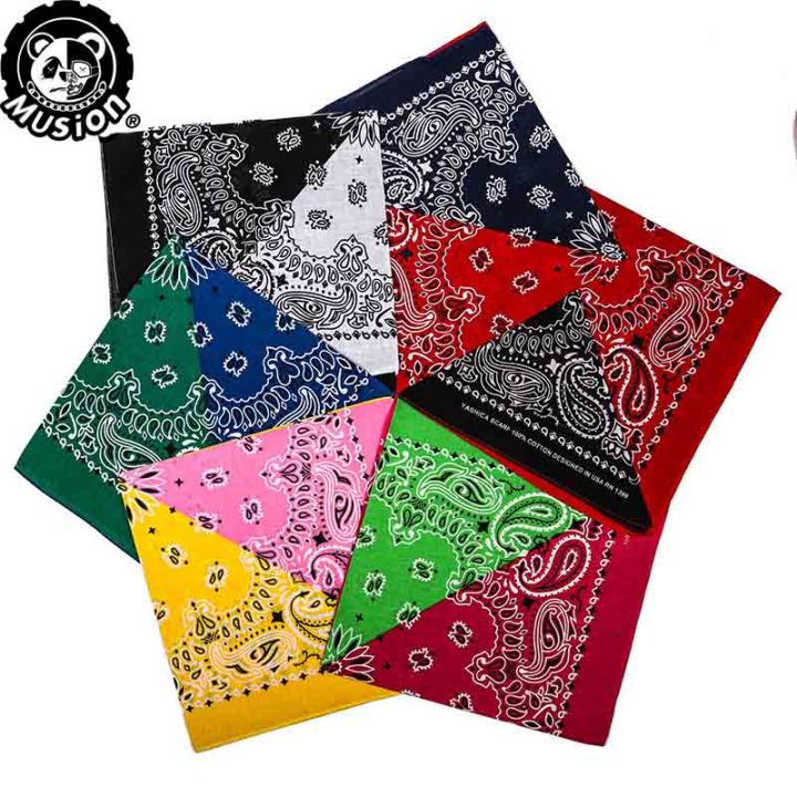 Musion Hip Hop สีสันสดใส Paisley ผ้าฝ้าย100% แฟชั่นผ้าพันคอผ้าพันคอสี่เหลี่ยมสีดำแถบคาดศีรษะสี ...