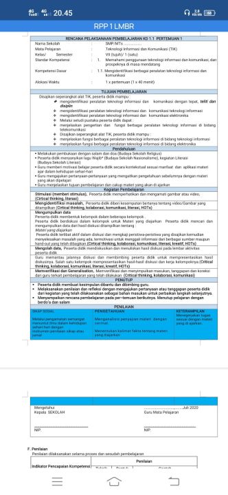 RPP 1 LEMBAR MATA PELAJARAN INFORMATIKA KELAS 7 | Lazada Indonesia