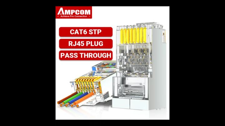 Ampcom Pass Through 8p8c Stp Rj45 Connectors Cat6 Cat5e Shielded 3 50μ