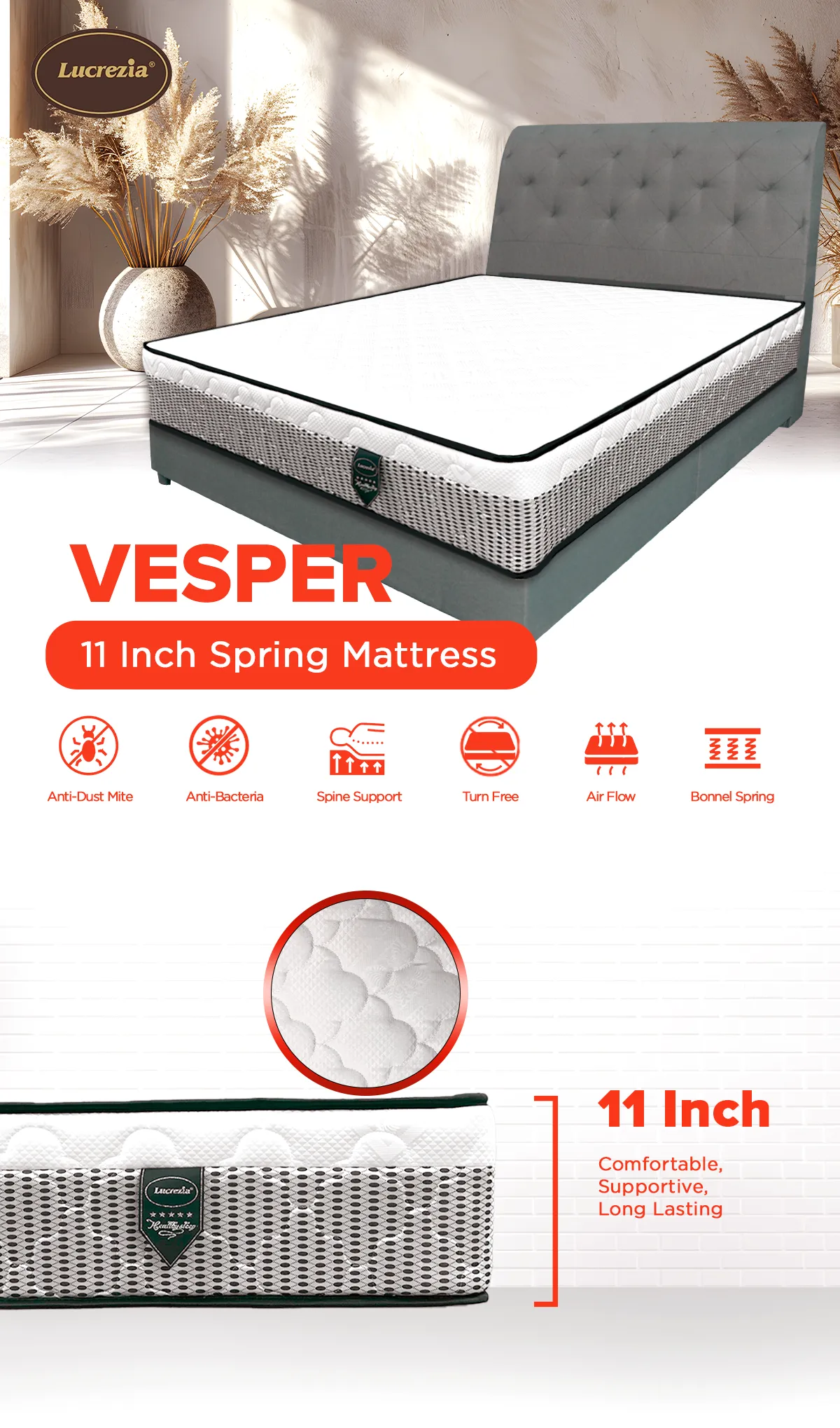 Free Shipping / LUCREZIA Vesper (10 - 13 inch) Spring Mattress / Tilam ...