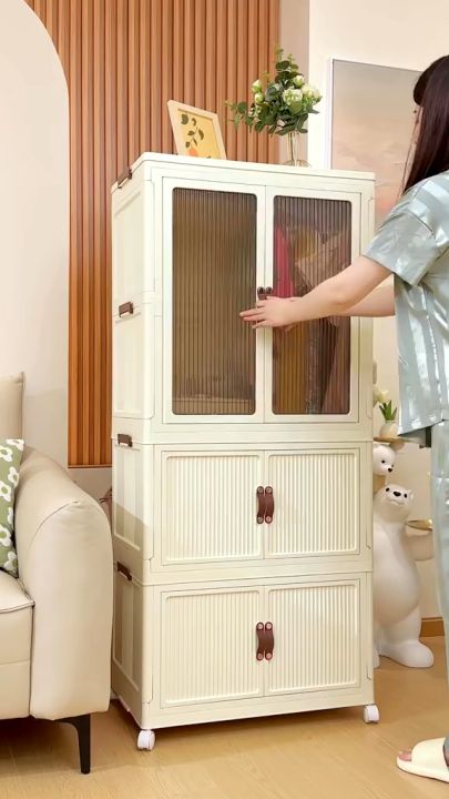 56/65cm Double Open Doors Wardrobe Storage Multipurpose Moveable ...