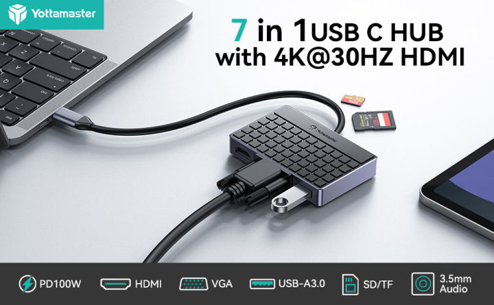 Yottamaster USB Type C 7 In 1 Hub USB-C to 4K HDMI/VGA/Card Reader ...