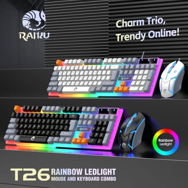 Raiku T26สาย104คีย์เมมเบรนแป้นพิมพ์และเมาส์เหมาะกับการเล่นเกมไฟสีสัน ...