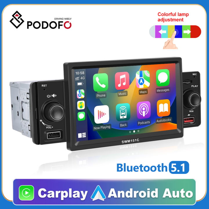 Podofo Car Radio 1 Din CarPlay Car Stereo 5'' Radio Android Auto Multimedia Player For Universal ...