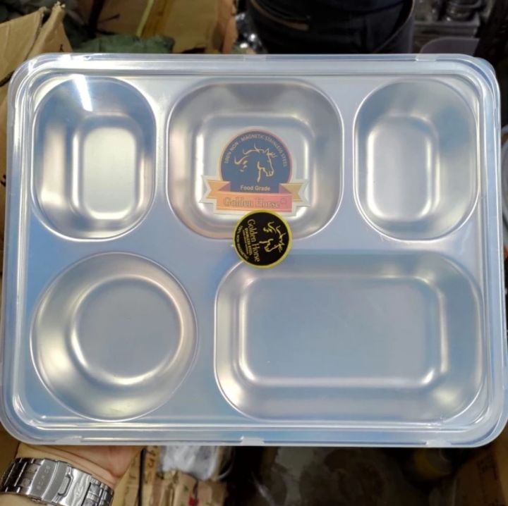 Plato / Food Tray / Tempat Makan Sekat 5 STAINLESS + Tutup Plastik ...
