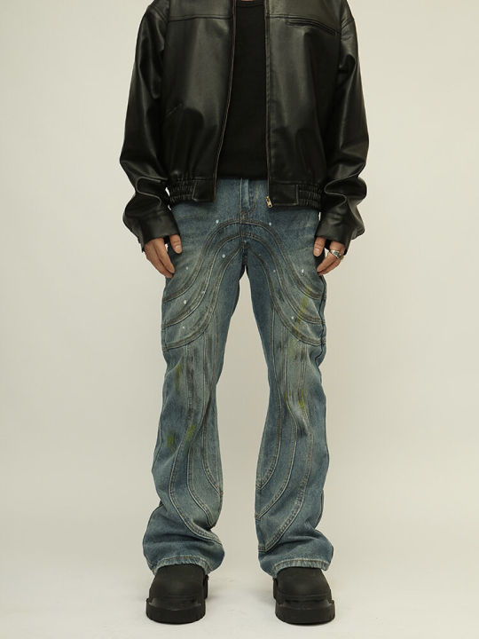 Blaexit กางเกงแบบไฮสตรีทแนววินเทจแบบไดนามิกกางเกงยีนส์ขาม้าลายหมึกสาด ...