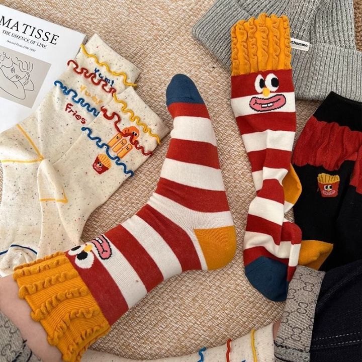 Cute Potato Chip Patterned Mid-Calf Socks for Women Spring Autumn Solid ...