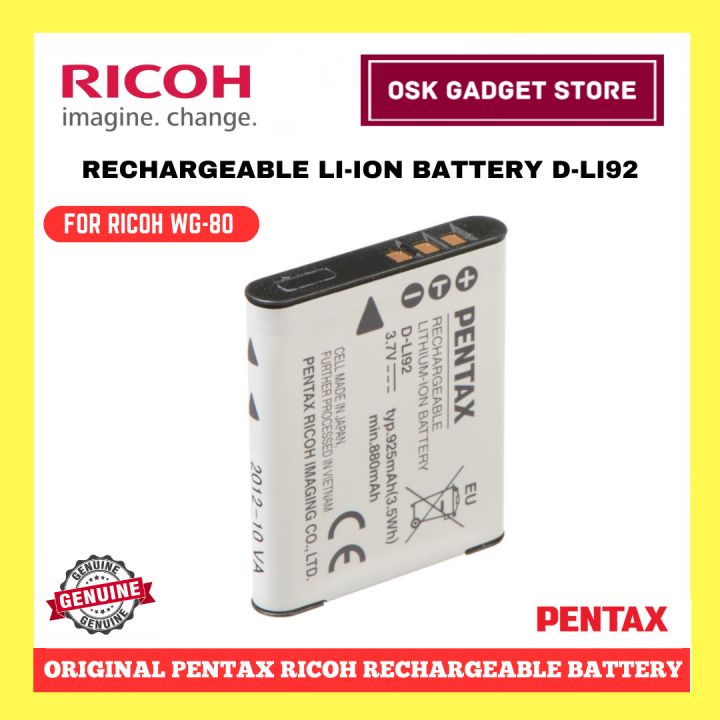 Pentax Ricoh D-LI92 Lithium-Ion Rechargeable Battery For Ricoh WG80 ...