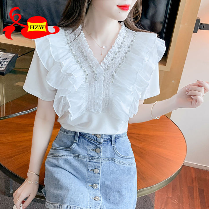 HZW 2023ฤดูร้อนสไตล์เกาหลีแบบใหม่ของเล็บเสื้อสตรีการออกแบบเพชรความรู้สึกของเสื้อสตรีหูไม้คอวี ...