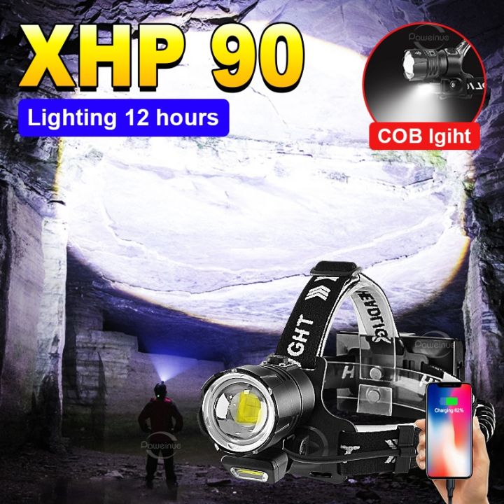 XHP90 Powerful Long Range LED COB Headlamp Headlight Rechargeable Flashlight High Power Fishing ...