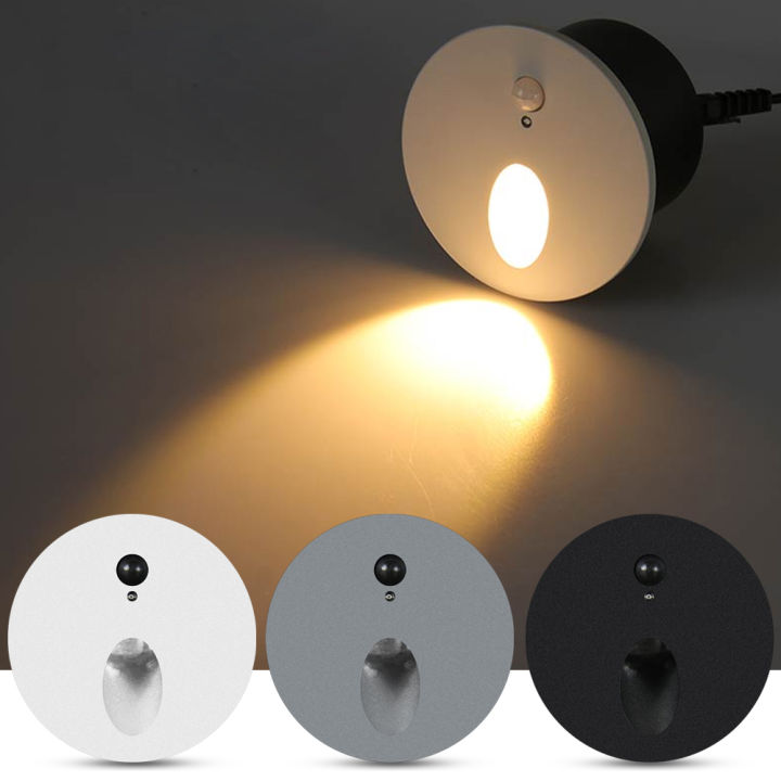 3W Stair Footlight Light Motion Sensor Wall Lamp Recessed Round Night ...