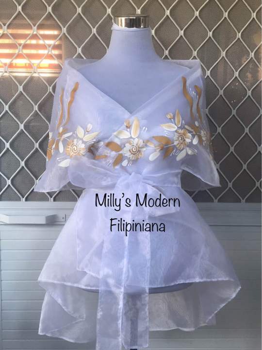 Milly’s Modern Filipiniana wrap around alampay white beige Freesize ...