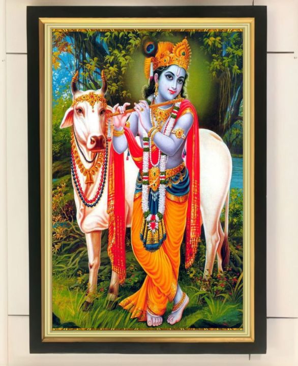 hiasan dinding lukisan cetak dewa Krisna sapi plus bingkai ukuran 65×45 ...