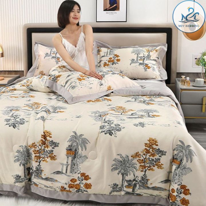 Bộ chăn ga gối lụa thái M2T Bedding - chăn hè chần bông, ga giường và 2 ...