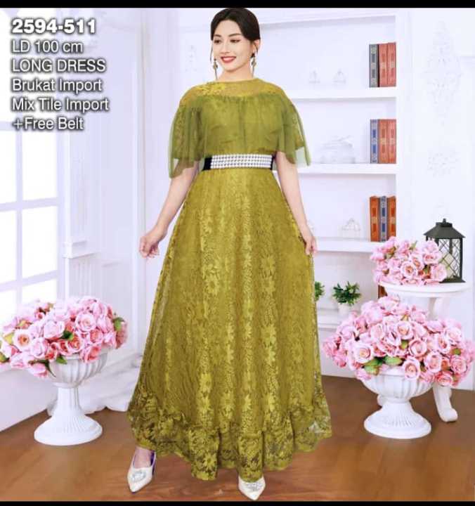 GAUN PANJANG FULL BROKAT KERAH SQUARE WARNA LEMON TOSCA PINK SALEM BABY ...