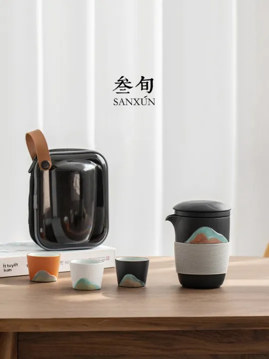 SANXUN | Bộ Trà Du Lịch Gốm Men Sứ Vẽ Tay với 1 Ấm và 3 Tách | Lazada.vn