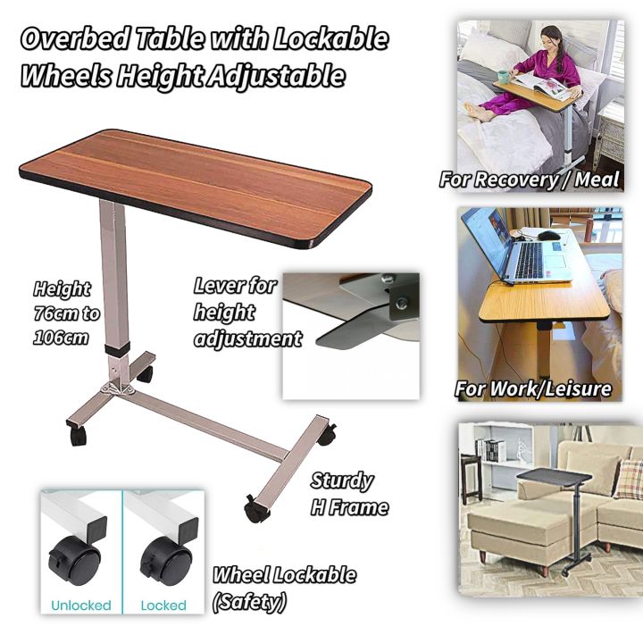 Overbed Table Height Adjustable Lockable Wheel Hospital Bed Table ...