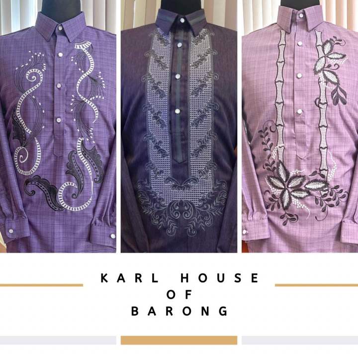 Long Sleeves Polo Barong w/ Computerized Embroidery. Dark Violet ...