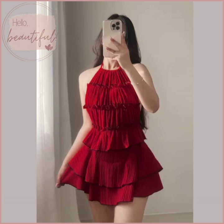 Hello Beautiful Alice Coords Halter Neck Backless Lettuce Top and Palda ...