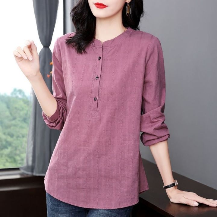 Women Blouse Large Size Cotton Round Neck Long Sleeve Loose Women's Top ...