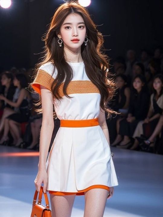 Fashionable Casual Color Block T-Shirt Skirt Set Women's Summer Small ...