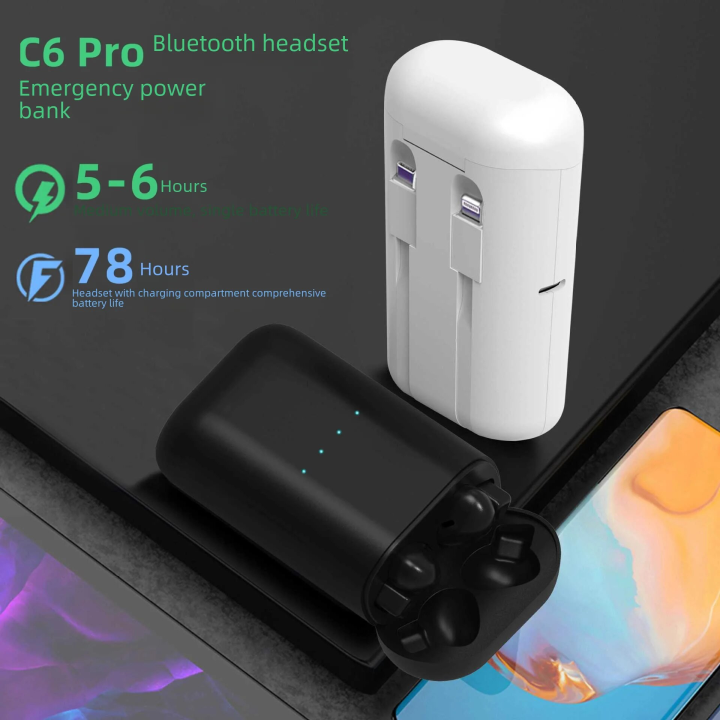 C6 Pro หูฟังบลูทูธใช้งานได้ยาวนานเพาเวอร์แบงค์ฉุกเฉินหูฟังเอียบัดไร้สาย ...