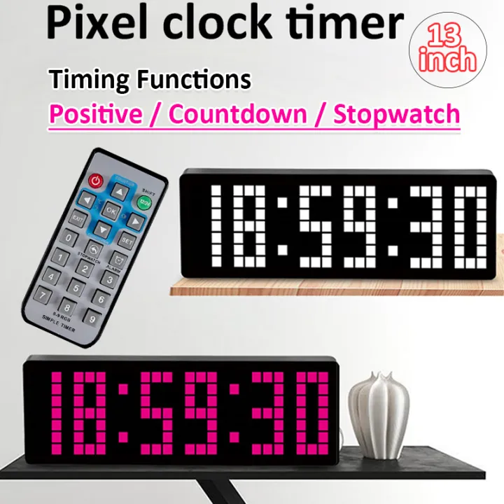 13Inch Pixel Digital Wall Clock Timer Positive/Countdown/Stopwatch Table Clock with Remote ...