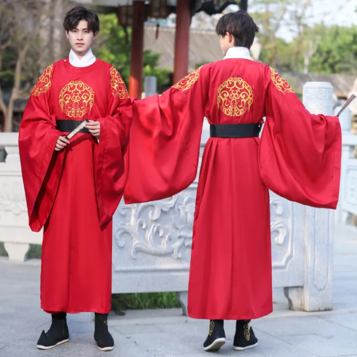 Han Chinese Clothing for Men Wine Red round Neck Gown Tang Dynasty ...