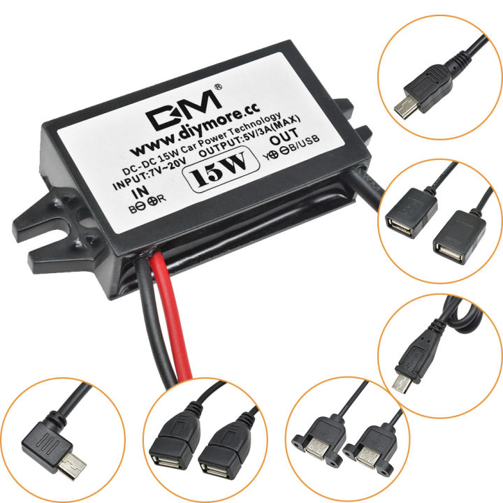 DC-DC 12V to 5V 3A 15W Car Power Converter Micro Mini USB Step Down ...