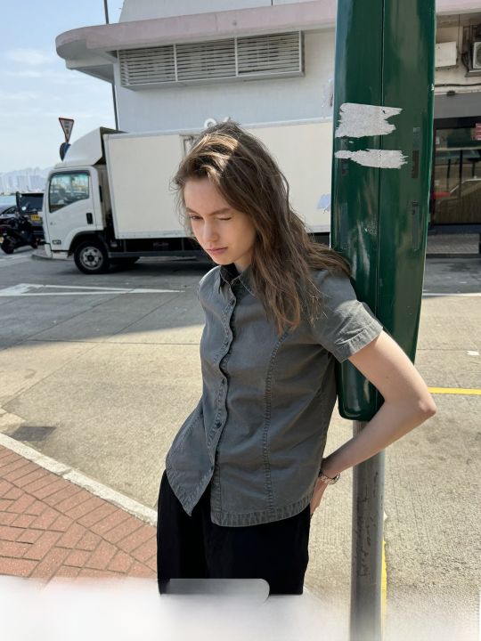 Unretro เอนไซม์เฮฟวี่เวทล้างแขนสั้นวินเทจ สลิมฟิต เสื้อเชิ้ตผู้หญิง สตรีทสไตล์ ผ้าฝ้าย ...