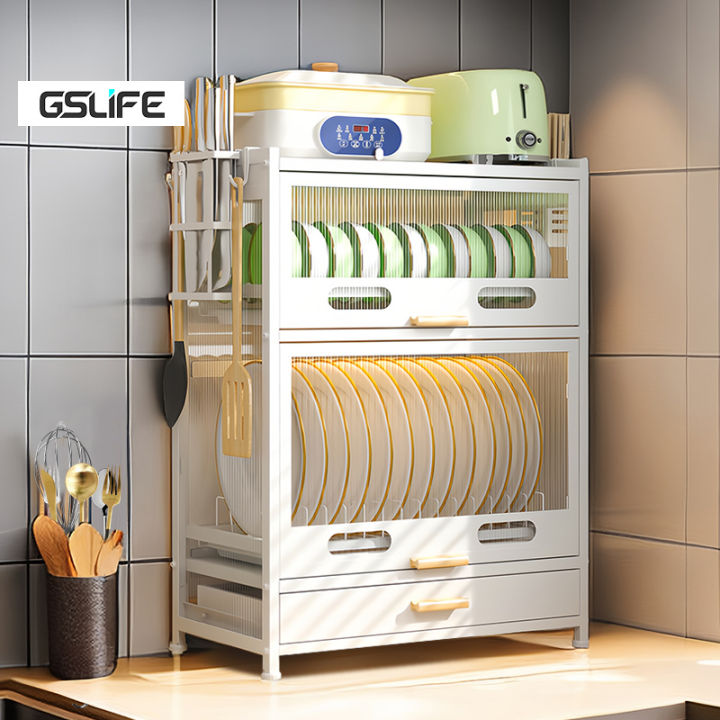 GSlife 3-Tier Multi-Purpose Dish Drainer with Cover and Adjustable Pull-Out Drawers for Kitchen ...