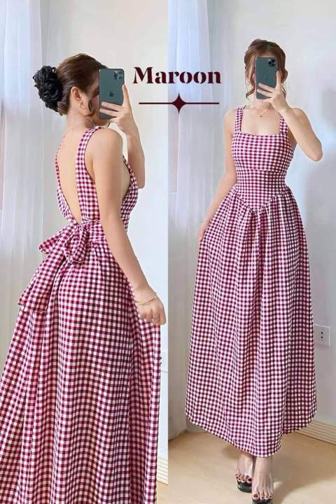 Denise long Dress PADDED gingham freesize up to semi-XL formal dress ...