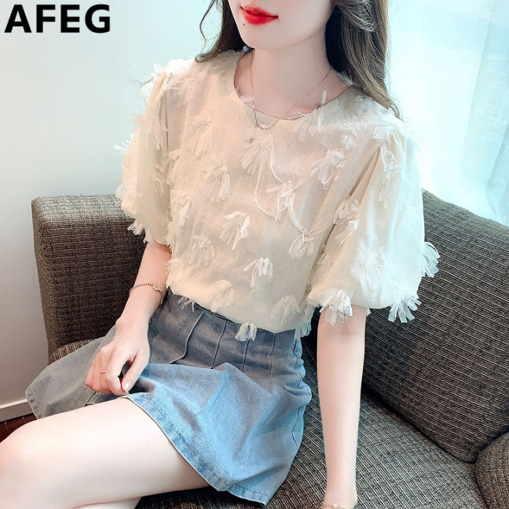 Afeg màu trơn phiên bản Hàn Quốc Crewneck Thời Trang Lỏng Lẻo Lưới Gạc ...