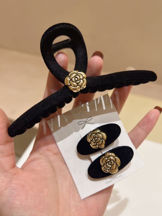 Simple Chanel Style Metal Camellia Black French Updo Shark Clip Lazy ...