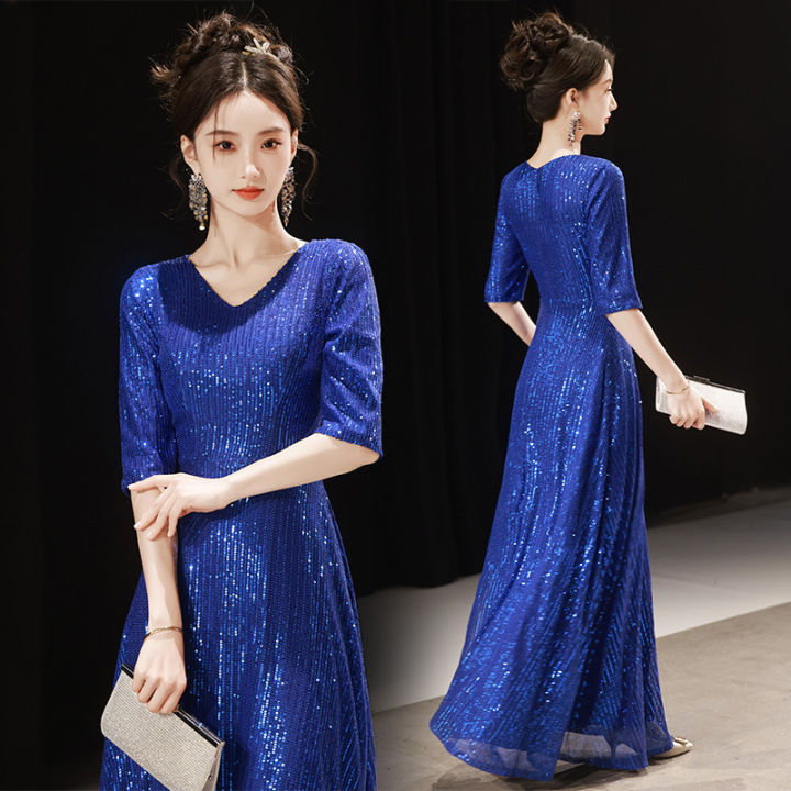 EAGLELY Long Evening Dress For Hosting Formal Event Blue Shiny Sequin V ...