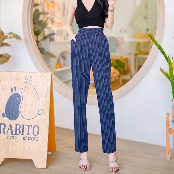 Nanta LadyNT pant กางเกงยีนส์ลายริ้ว ยีนส์นิ่ม ขากระบอกเล็ก เอวสูง | Lazada.co.th