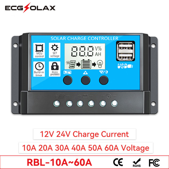ECGSOLAX PWM solar energy Solar Charger Controller 10A 20A 30A 40A 50A 60A 12V 24V Charger LCD ...