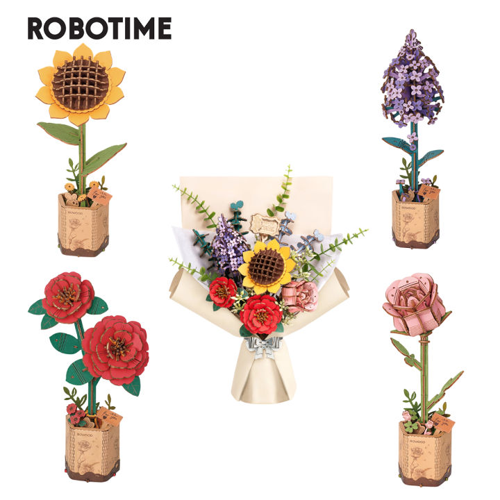 Robotime Rowood 5-Types Flowers Bouquet DIY 3D Wooden Puzzle Model Kits ...