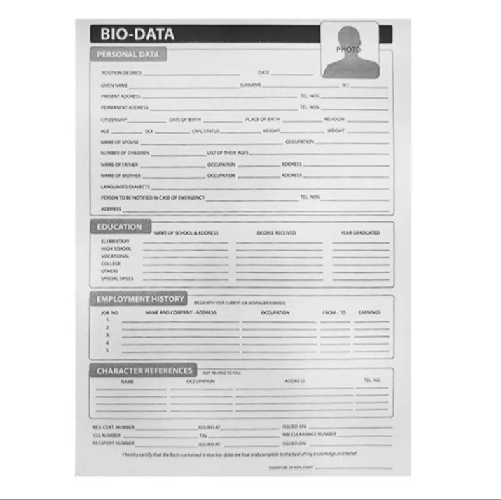 CC Biodata /Resume Form, 100 Pcs, Personal Information Sheet, Form para ...