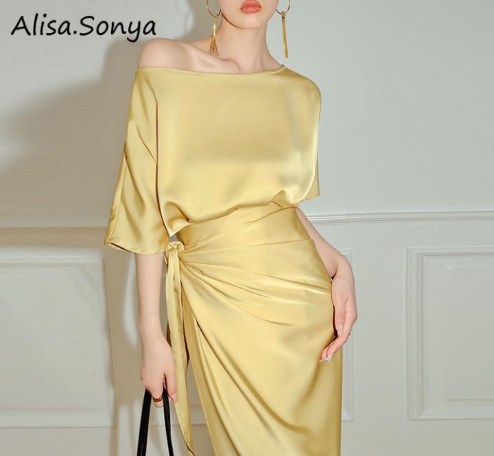 Alisa.Sonya Đầm Ôm Sát Hông Váy Dây Uể Oải Đơn Giản Tay Áo Raglăng Tay ...