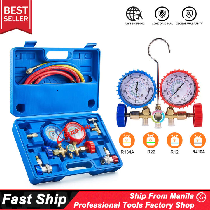 AC Gauge Set 3 Way AC Manifold Gauge Set for R134A/R22/R12 /R410A Refrigerant Works on Car Freon ...