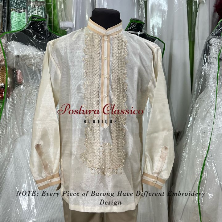 Modern Barong Tagalog For Men Double Piping Mocca w/ Beige Burda ...